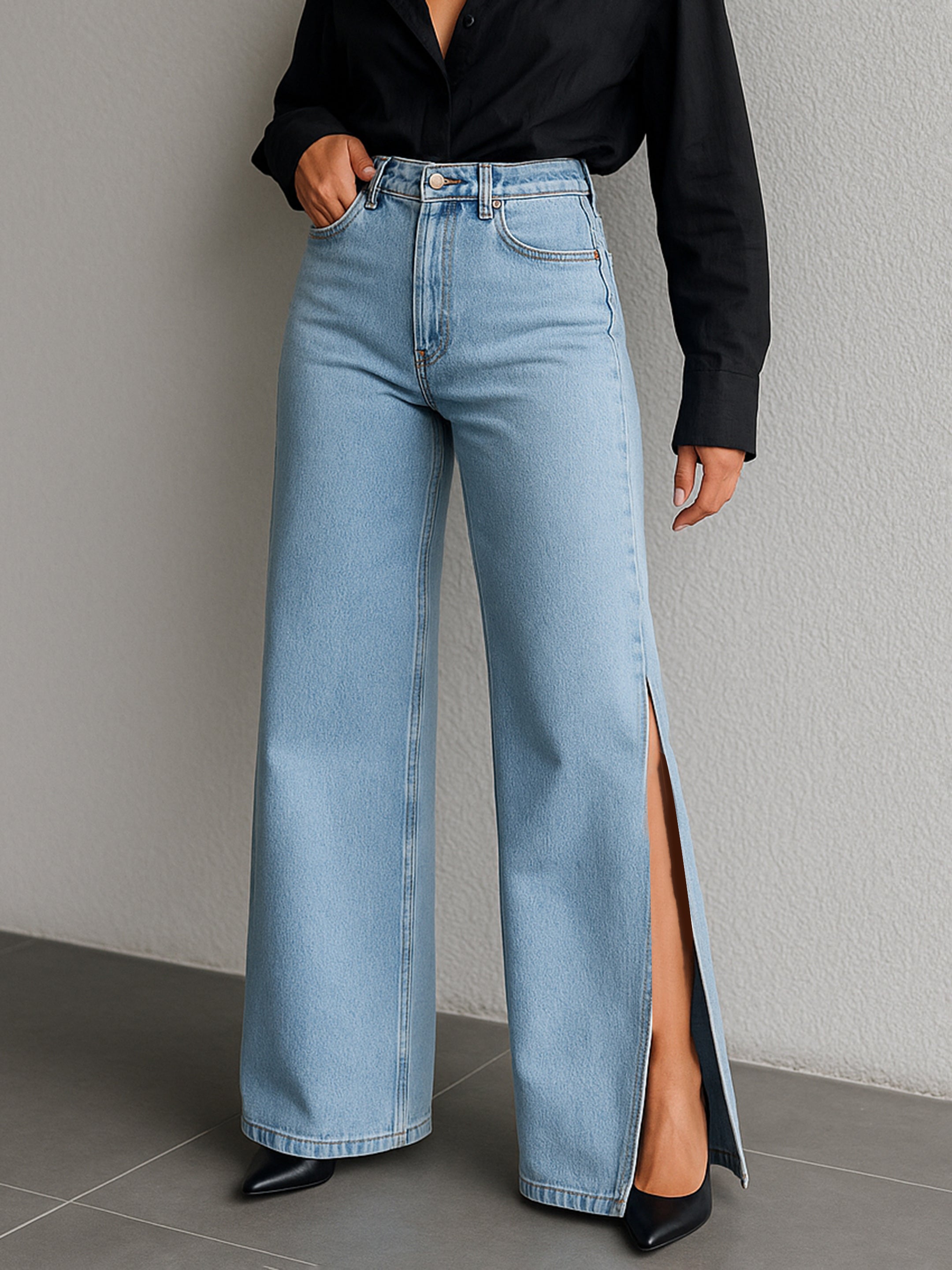 Women Blue Side Slit Wide Leg Jeans