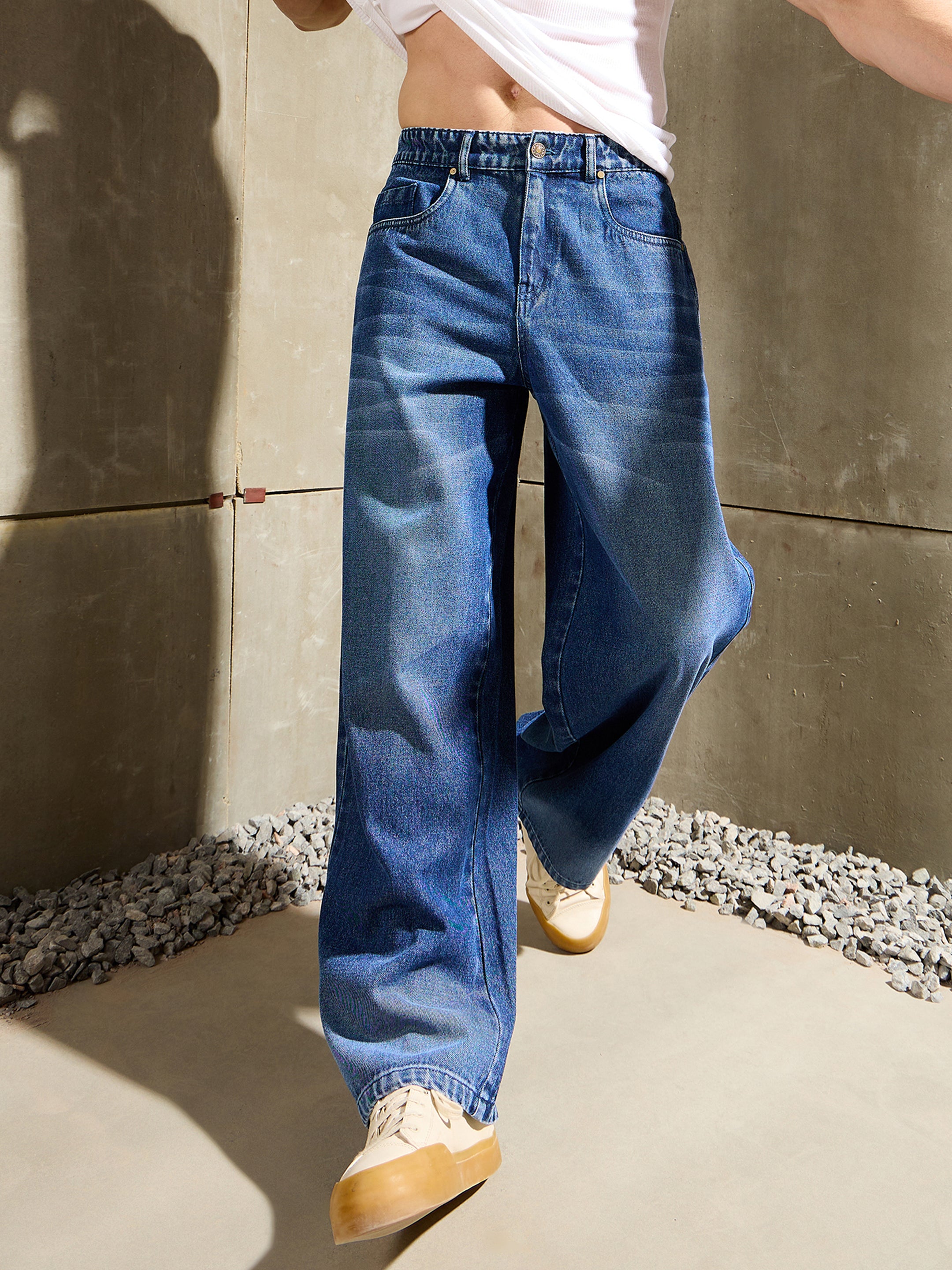 Buy Men Navy Blue Whisker Wash Wide Leg Jeans Online at Best Price ...