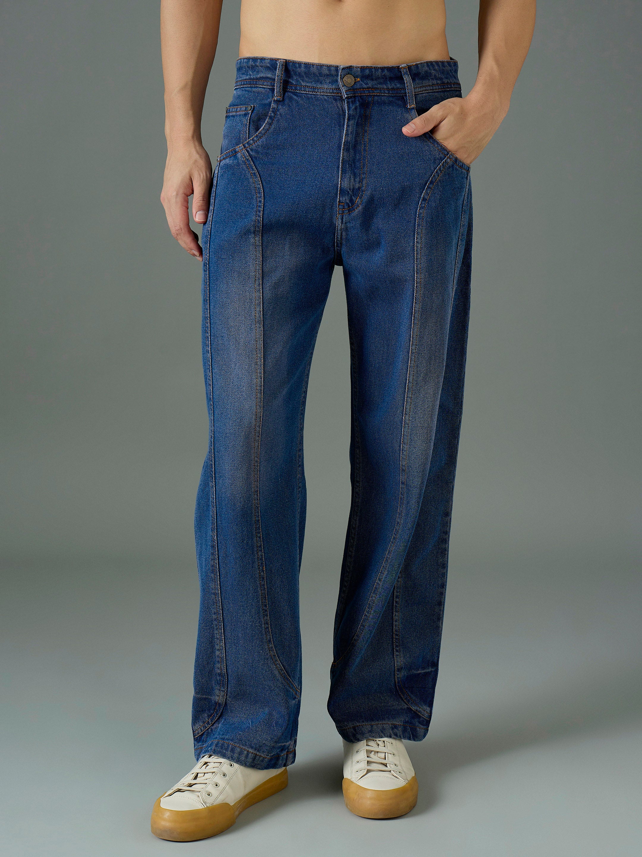 Men Navy Blue Front Detail Wide Leg Jeans