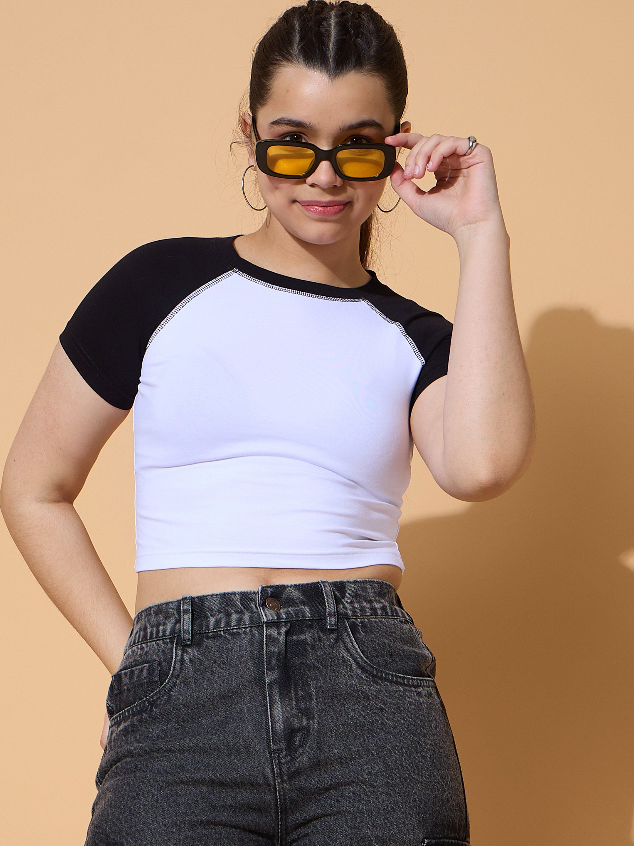 Girls White & Black ColorBlock Crop Top