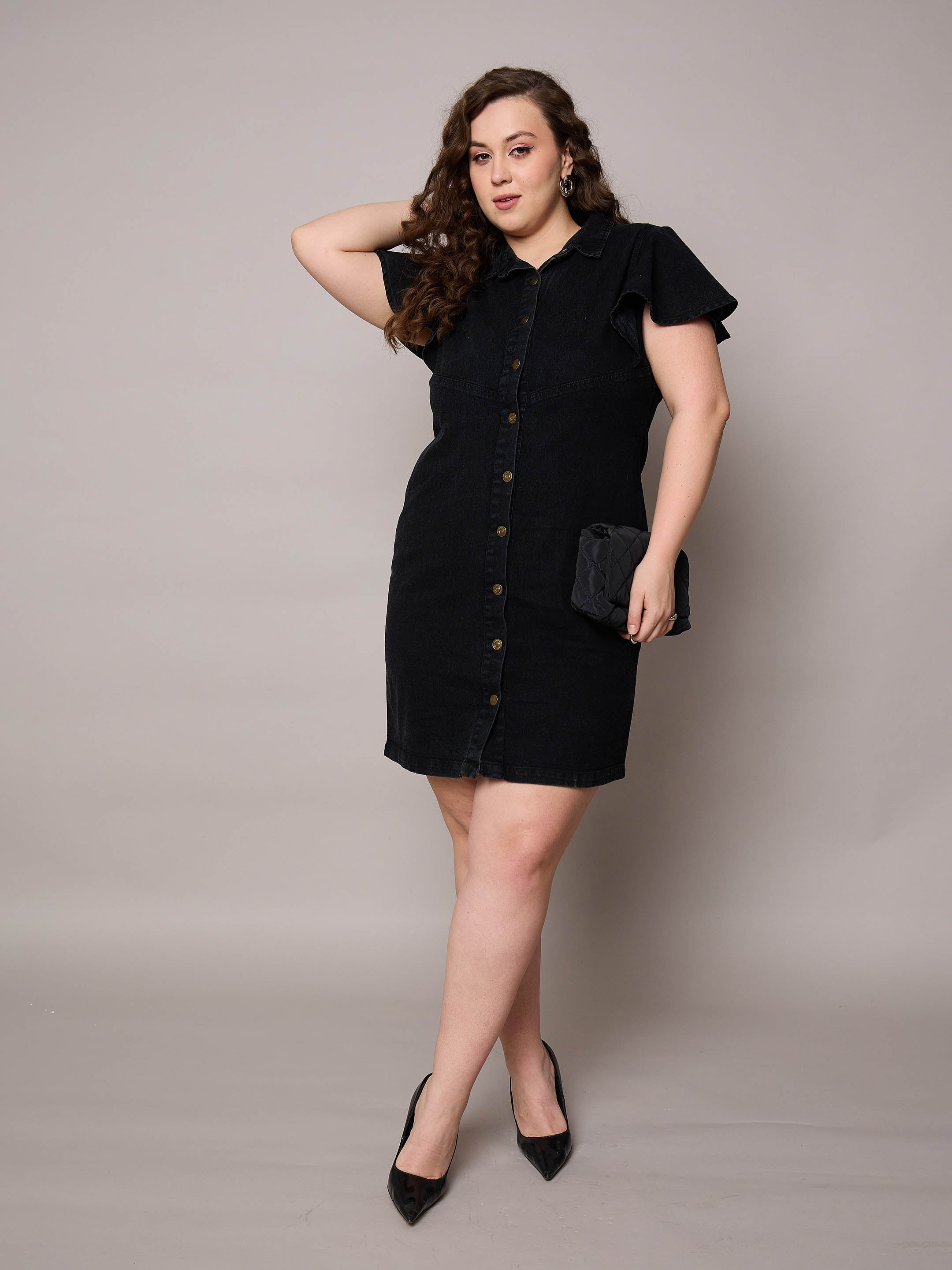 Women Black Denim Front Button Short Dress