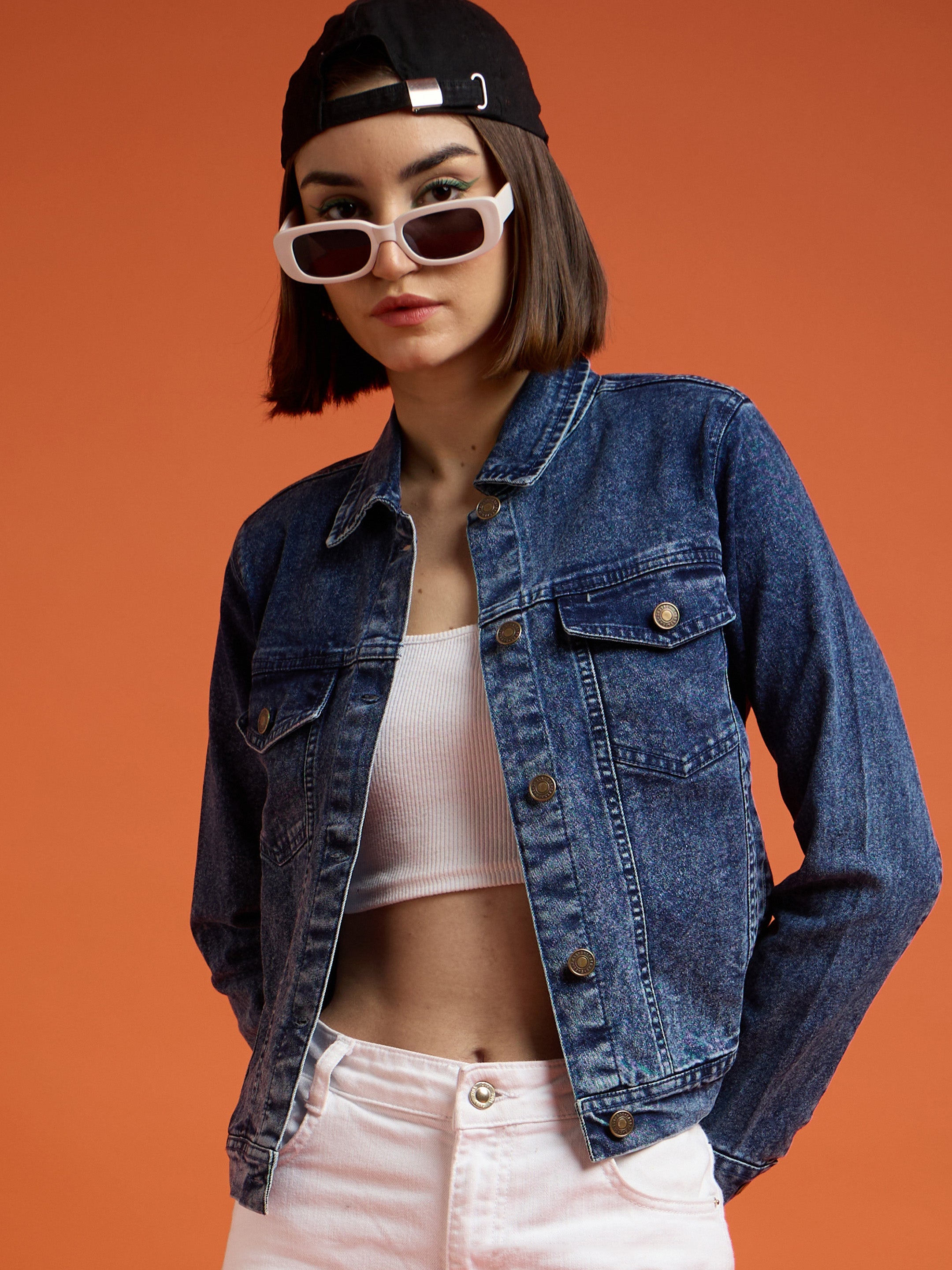 Buy Women Navy Washed Denim Regular Jacket Online at Best Price - Sassafras