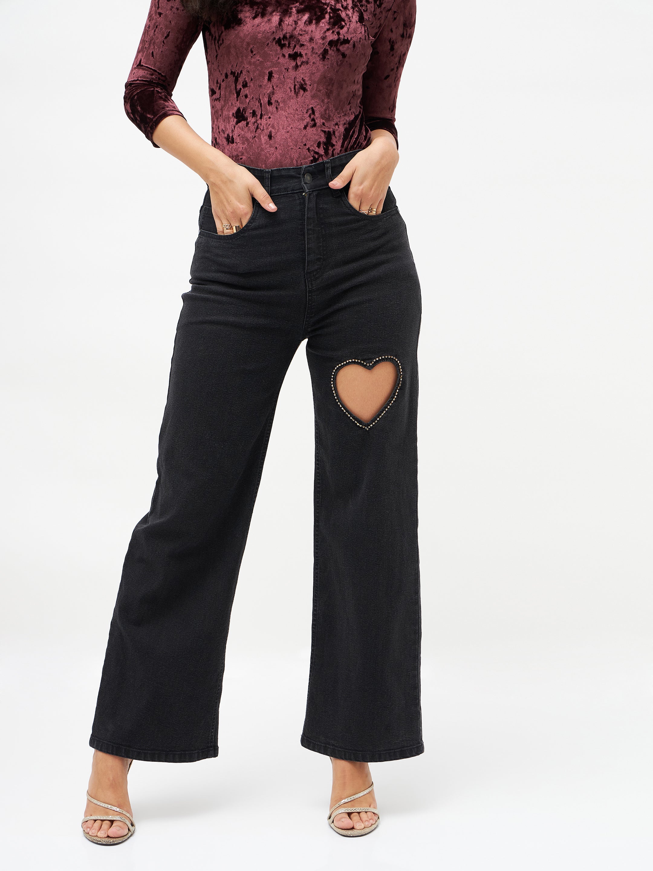 Buy Women Black Crystal Heart Straight Fit Jeans Online at Best Price ...