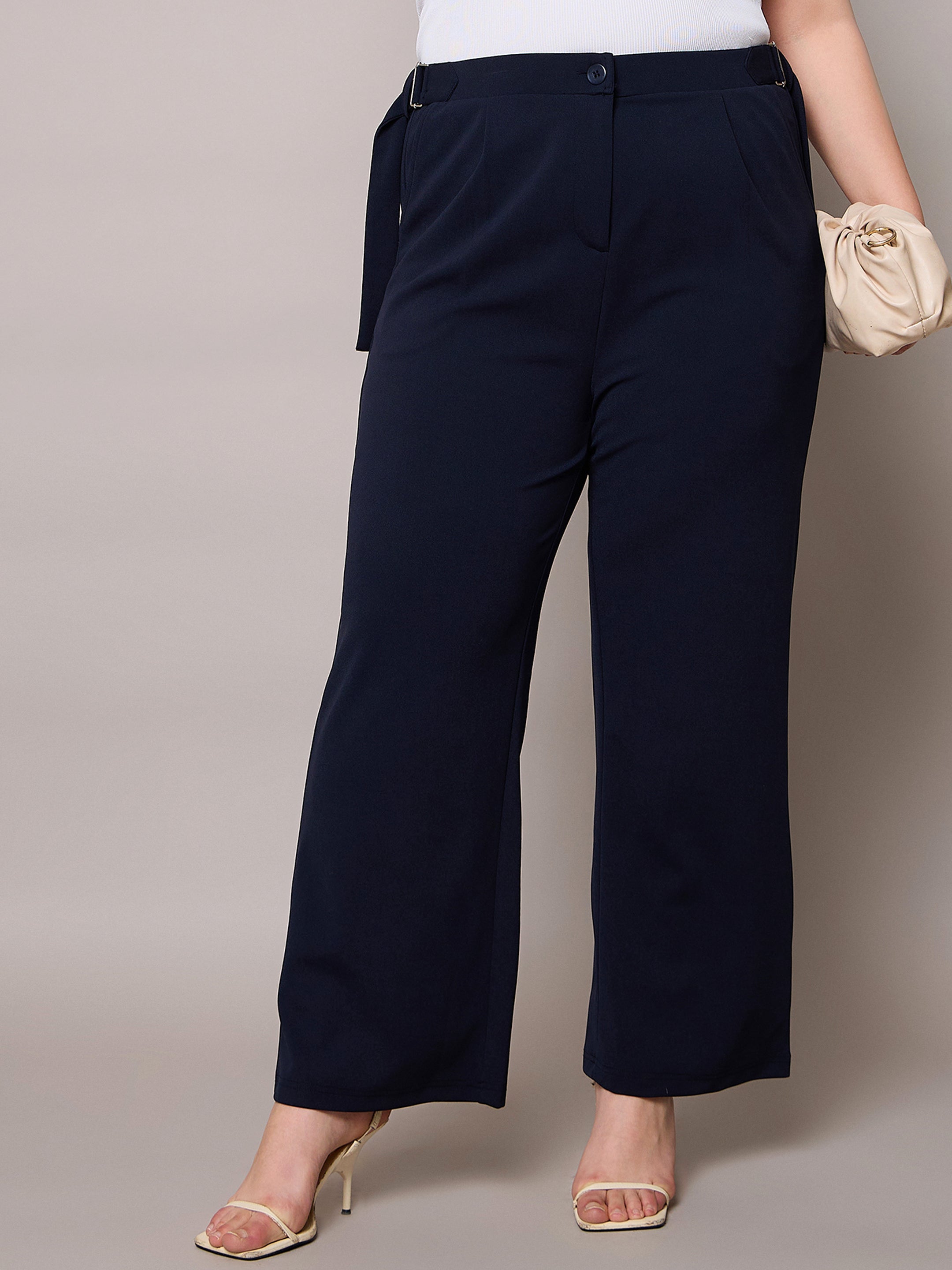 Buy Women Navy Side Metal Buckle Straight Pants Online at Best Price ...