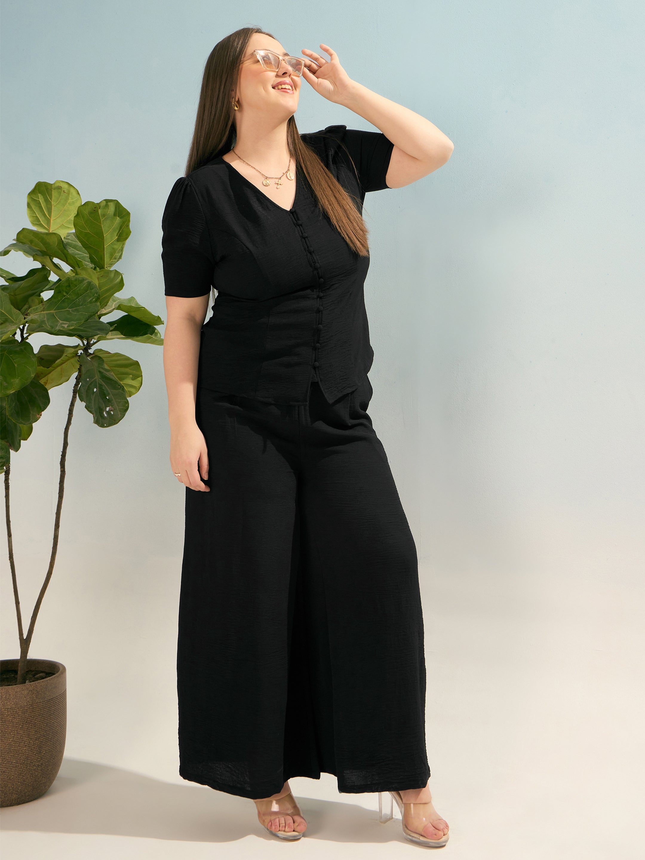 Women Black Button Down Top with Straight Pants