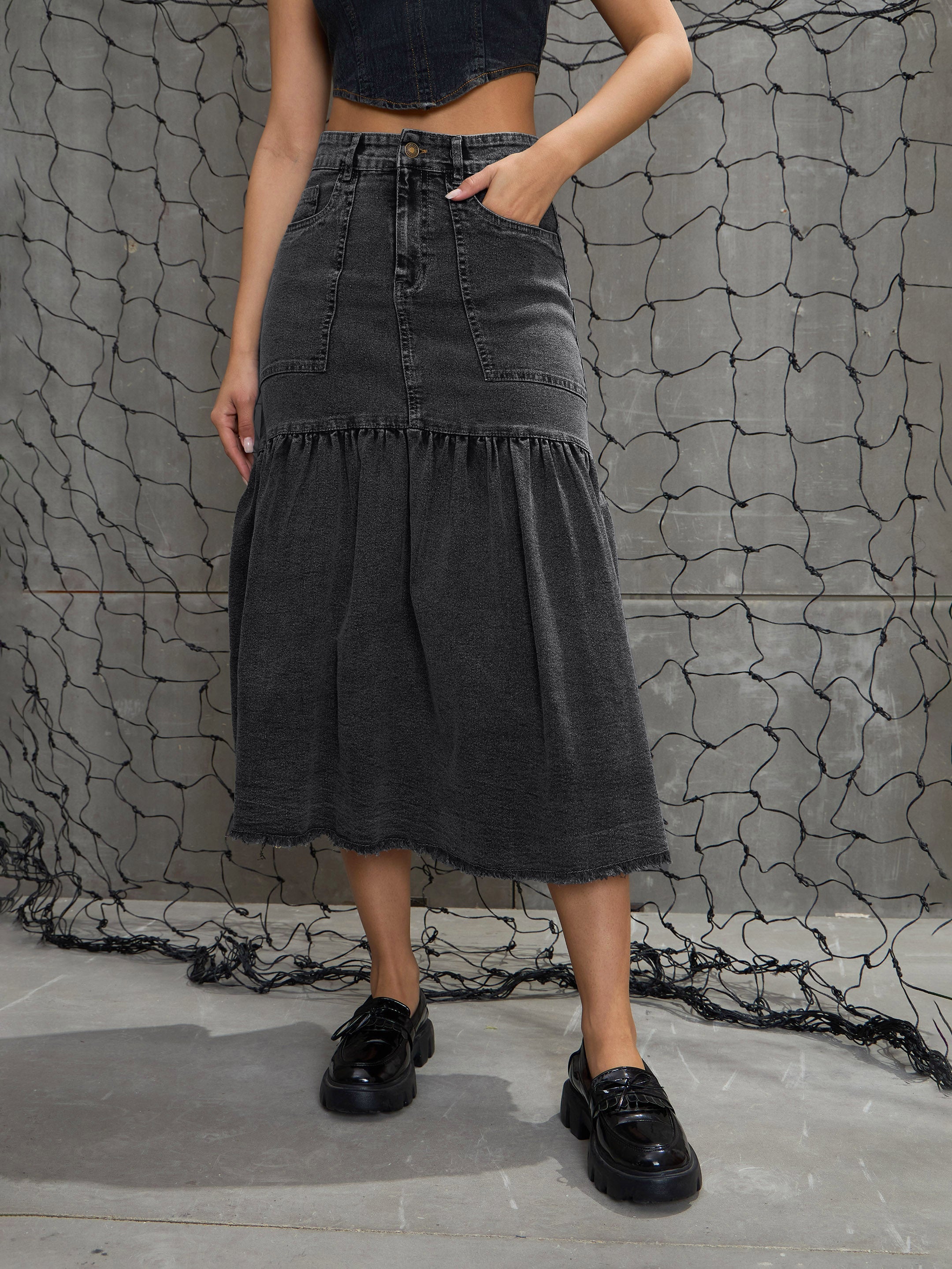 Women Grey Washed Denim Flared Midi Skirt