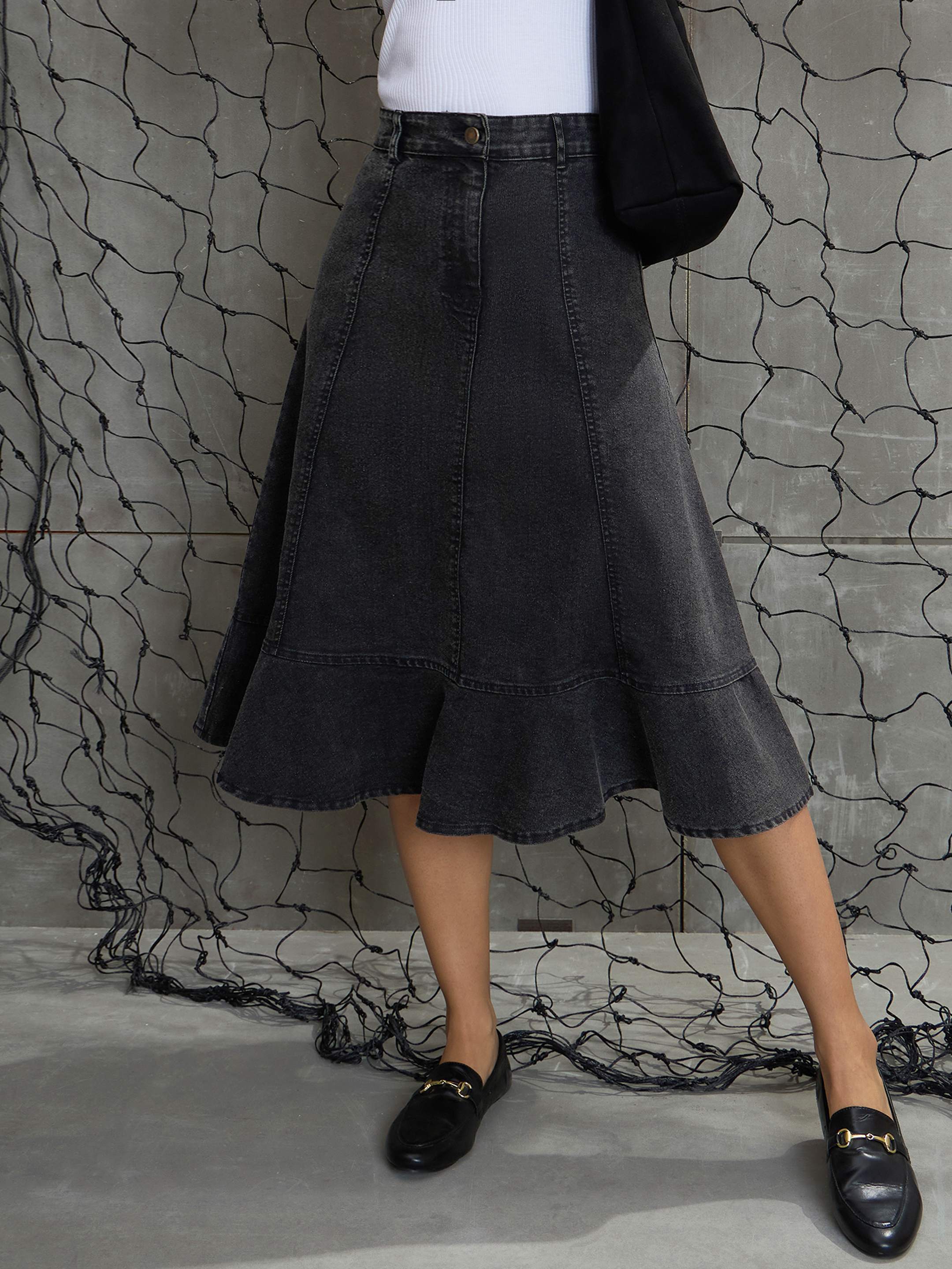 Buy Black Washed Denim Flared Hem Skirt Online At Best Price - Sassafras.in