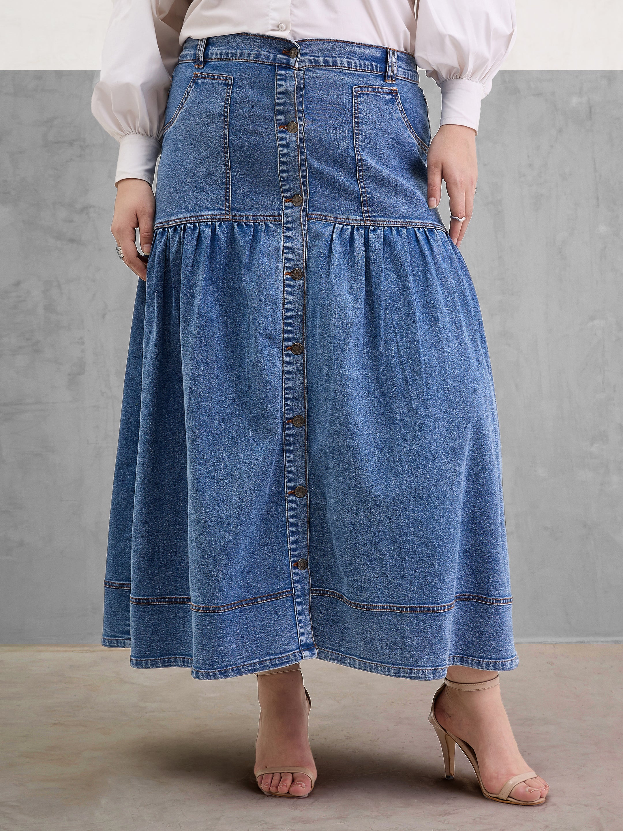 Women Ice Blue Denim Front Button Maxi Skirt