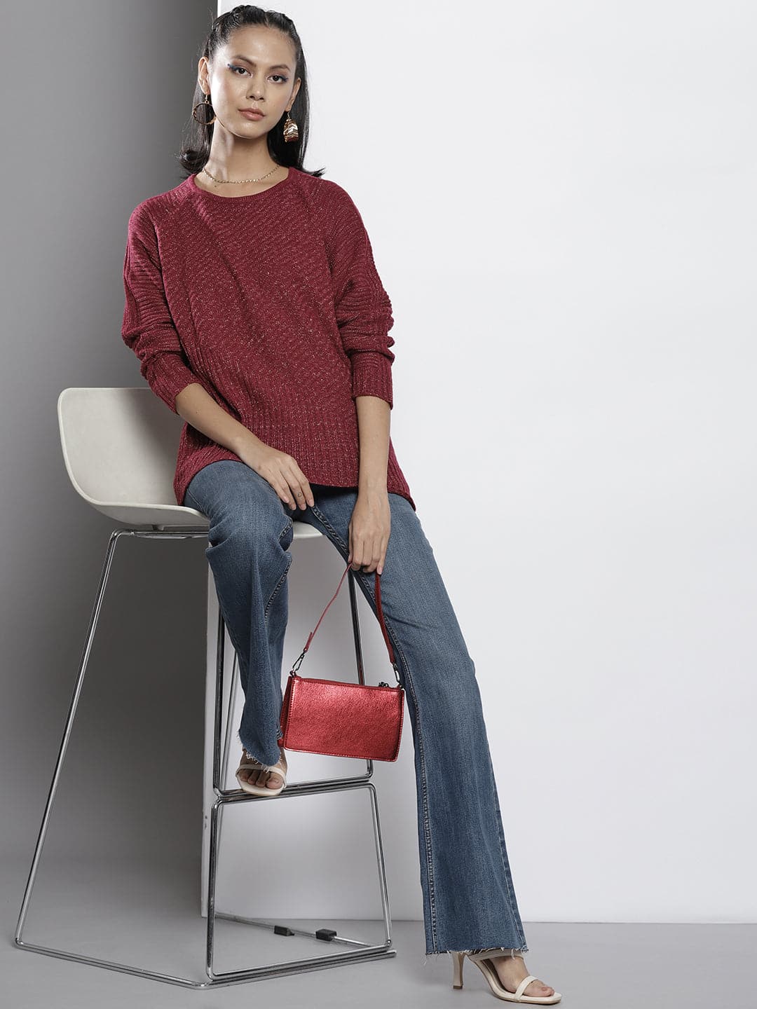 Buy Women Maroon Rib Knit Round Neck Full Sleeves Sweater Online at ...