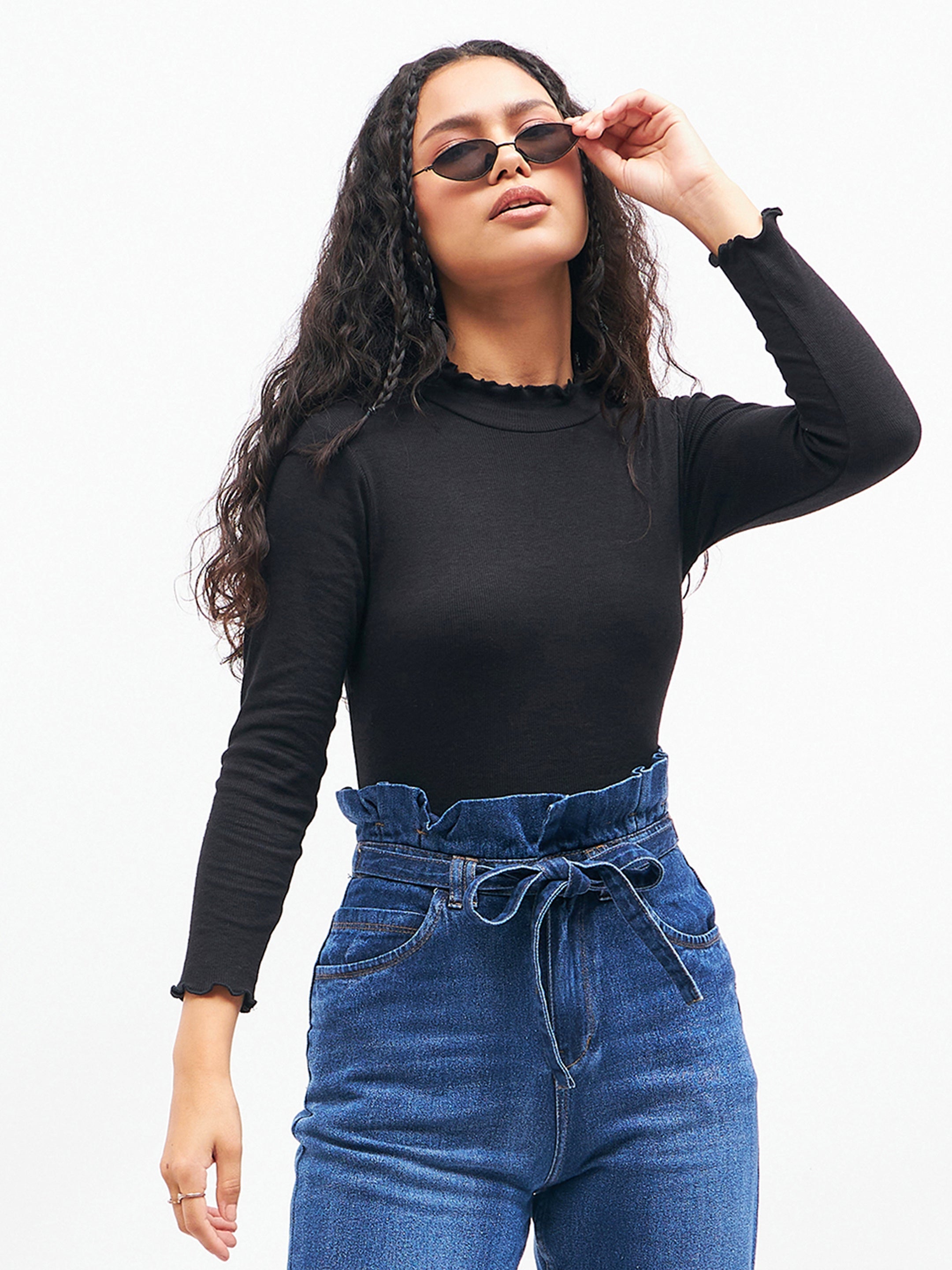 Women Black Rib High Neck Full Sleeve Top
